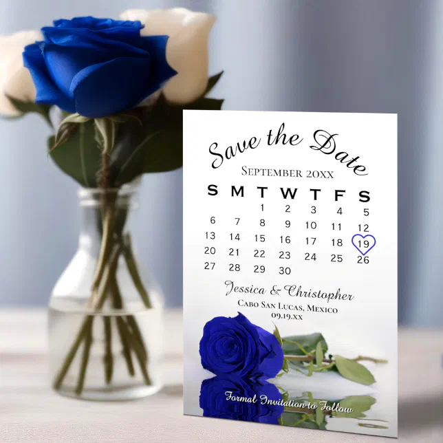 Mirrored Royal Blue Rose Elegant Wedding Calendar Save The Date | Zazzle