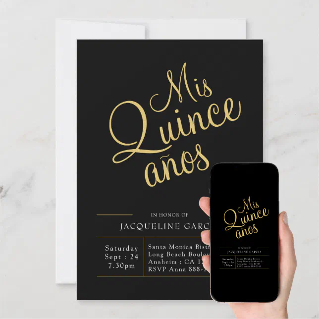Mis Quince Anos Black Gold Modern Quinceanera Invitation | Zazzle