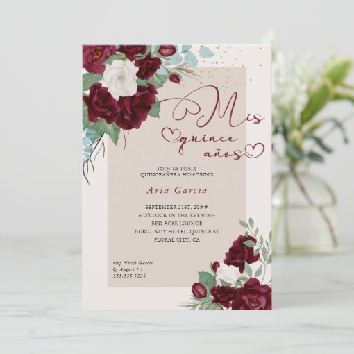 Mis Quince Anos Burgundy Ivory Floral Quinceanera Invitation | Zazzle