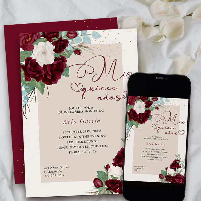Mis Quince Anos Burgundy Ivory Floral Quinceanera Invitation | Zazzle