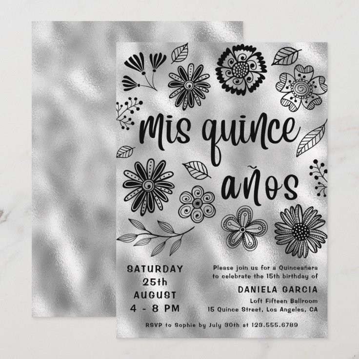 Mis Quince Años Modern Silver Floral Quinceañera Invitation | Zazzle