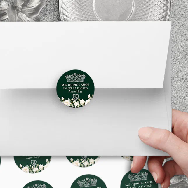 Mis Quince Anos Tiara and Roses Green Quinceanera Classic Round Sticker ...