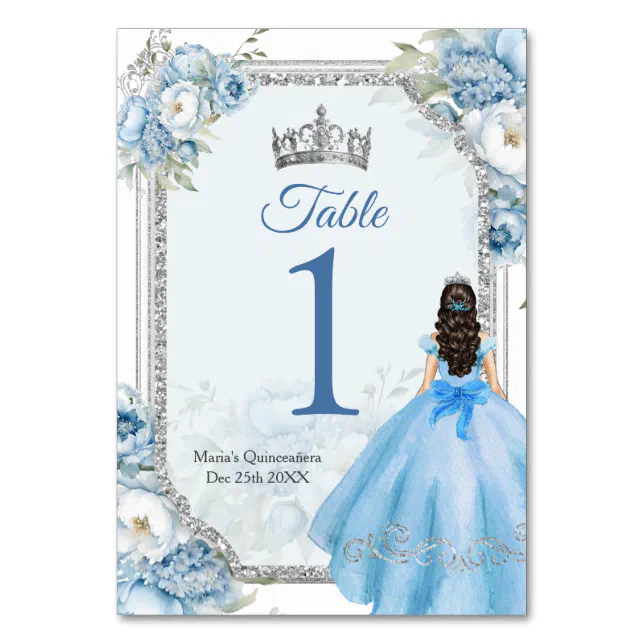 Mis Quince Blue Floral Silver Crown Quinceañera Table Number | Zazzle