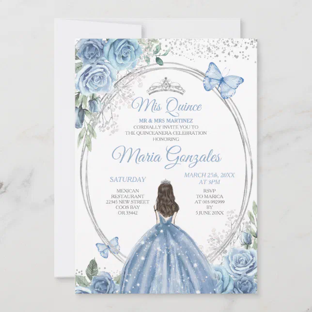 Mis Quince Dusty Blue & Silver Floral Quinceañera Invitation | Zazzle