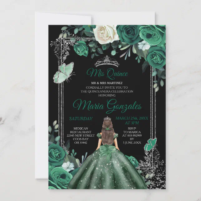 Mis Quince Emerald Green & Black Birthday Invitation | Zazzle