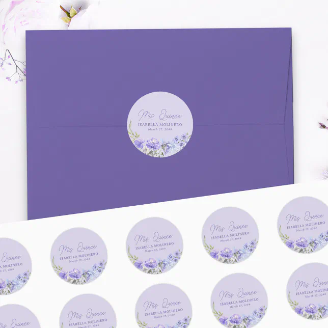 Mis Quince Purple Peri Floral Quinceanera Stickers | Zazzle