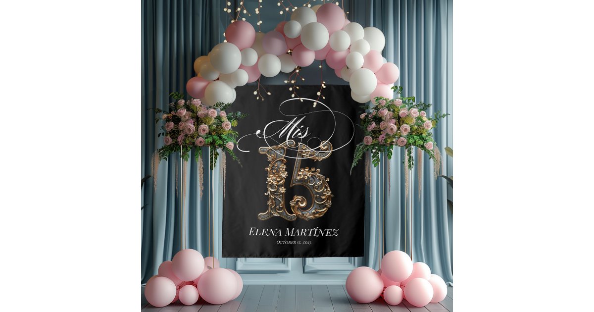 Mis Quince Quinceanera gold design backdrop | Zazzle