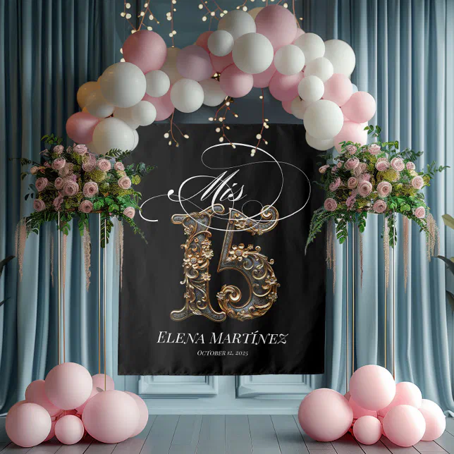 Mis Quince Quinceanera gold design backdrop | Zazzle