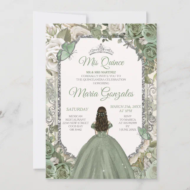 Mis Quince Sage Green & Silver Floral Quinceañera Invitation | Zazzle