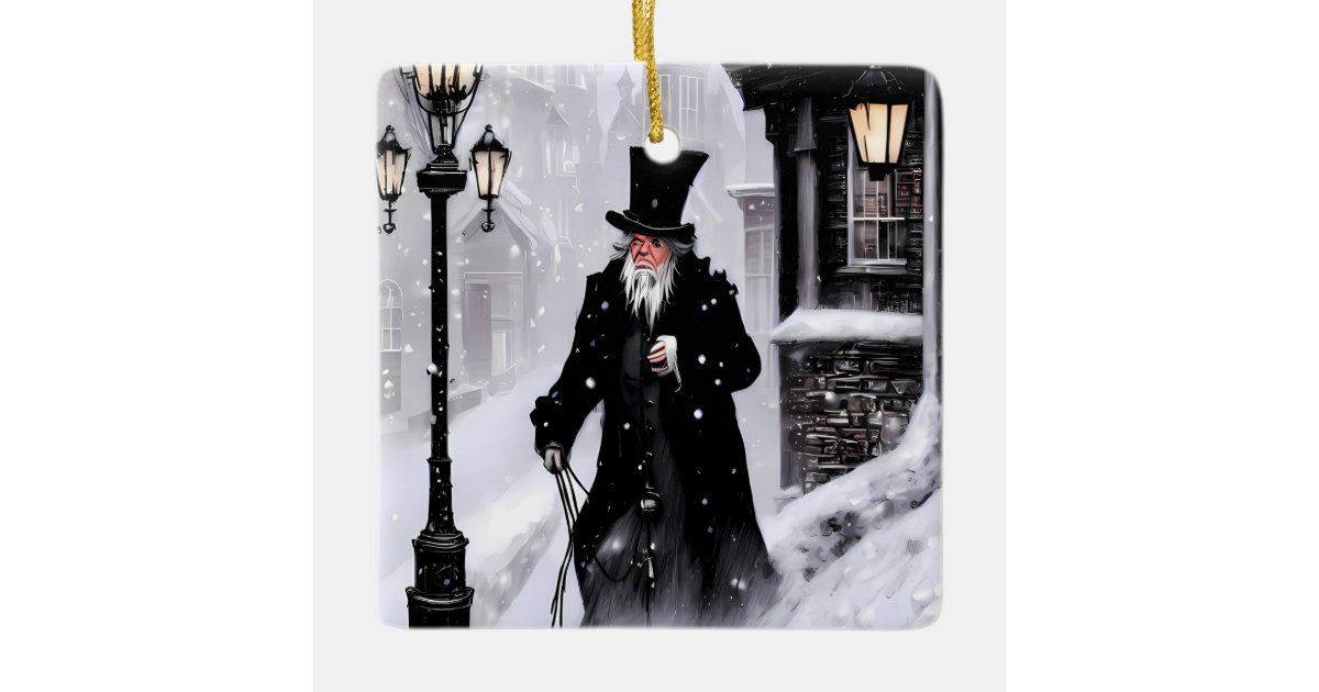 Miserly Ebenezer Scrooge Snowy Victorian Street Ceramic Ornament | Zazzle