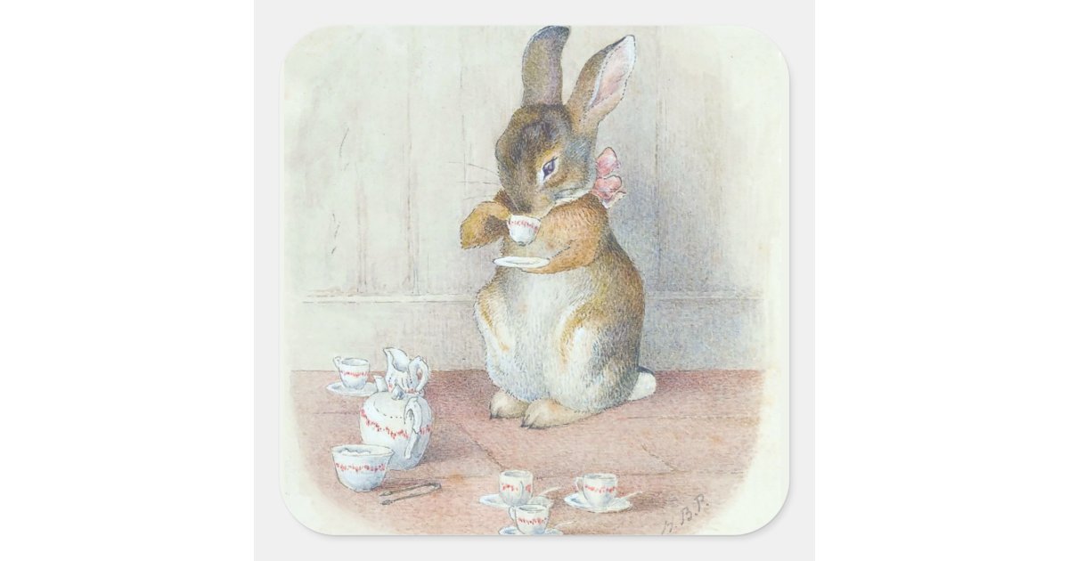 Miss Bunny Drinking Tea Square Sticker | Zazzle