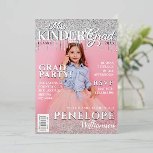 Miss Kinder Grad Glitter Drip Photo Magazine Cover Foil Invitation | Zazzle