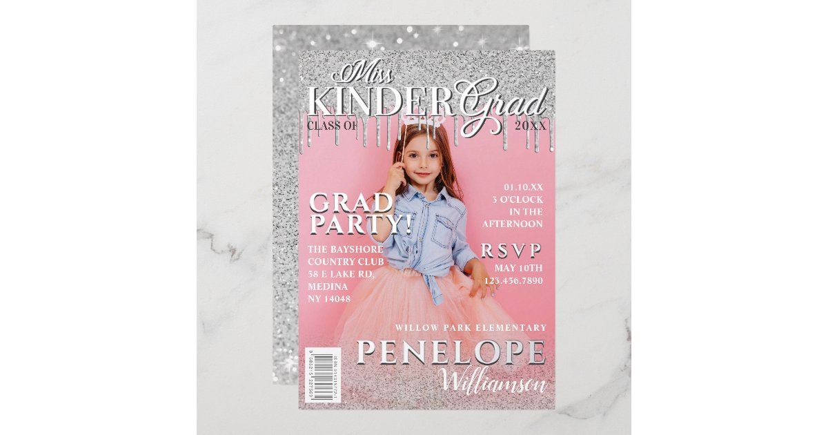 Miss Kinder Grad Glitter Drip Photo Magazine Cover Foil Invitation | Zazzle