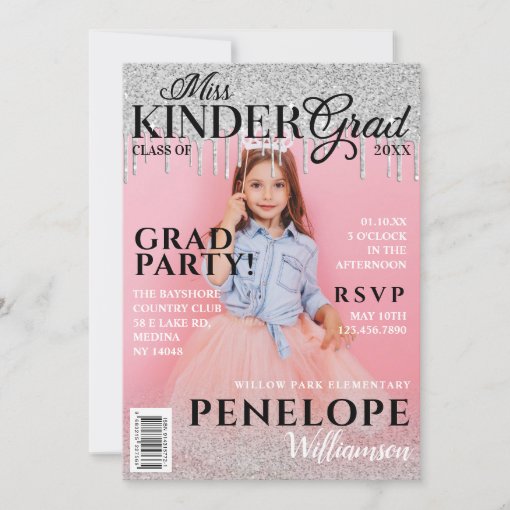 Miss Kinder Grad Glitter Drip Photo Magazine Cover Invitation | Zazzle