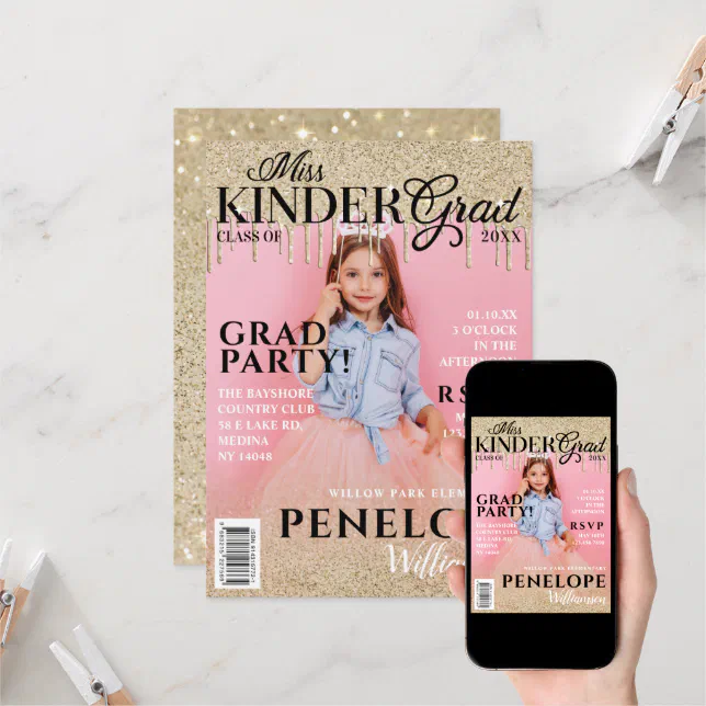 Miss Kinder Grad Gold Glitter Drip Magazine Cover Invitation | Zazzle