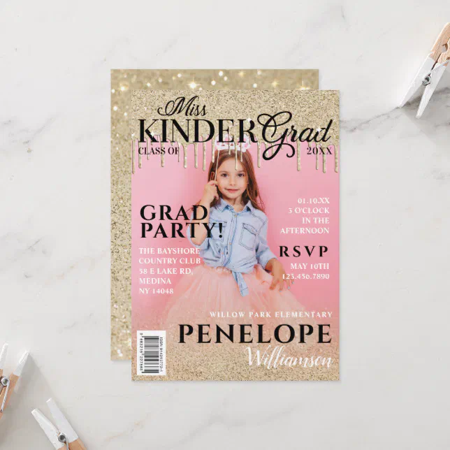Miss Kinder Grad Gold Glitter Drip Magazine Cover Invitation | Zazzle