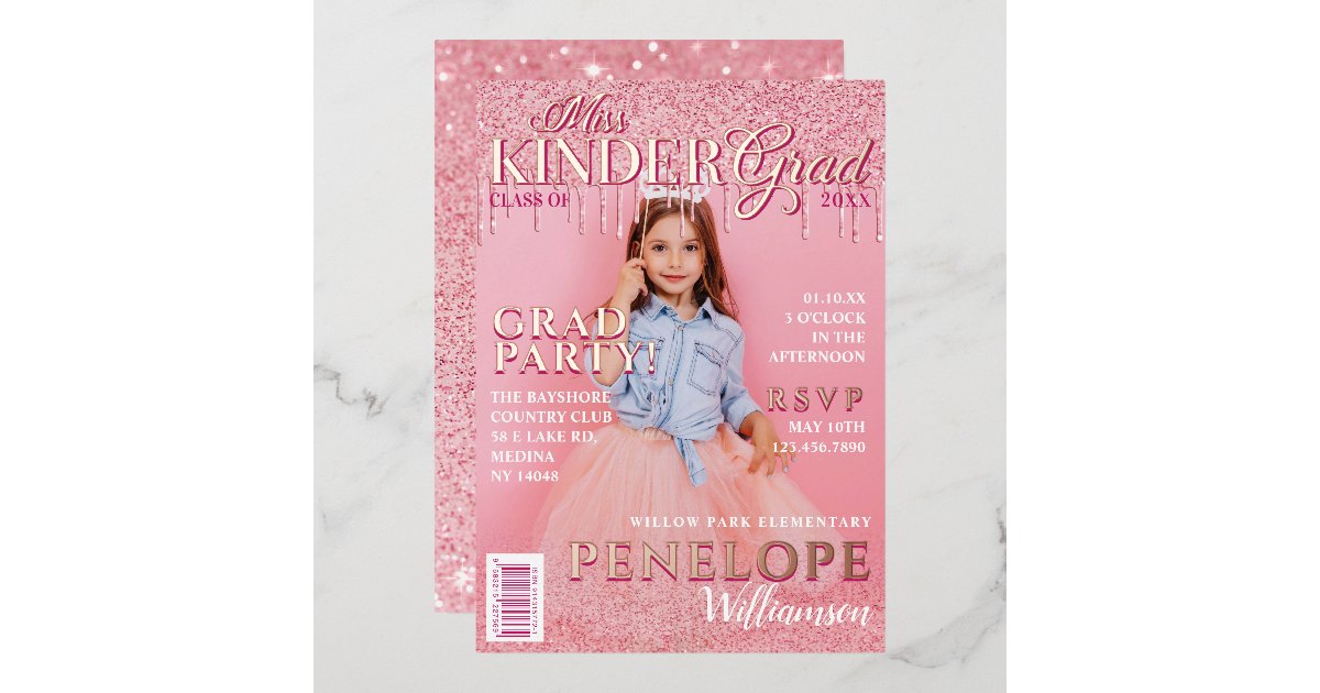 Miss Kinder Grad Pink Glitter Drip Magazine Cover Foil Invitation | Zazzle