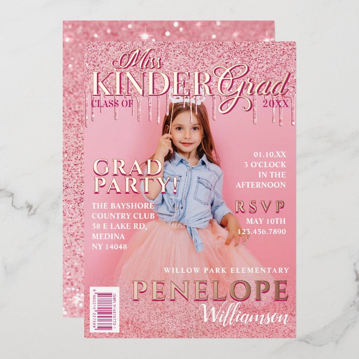 Miss Kinder Grad Pink Glitter Drip Magazine Cover Foil Invitation ...