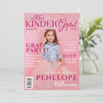 Miss Kinder Grad Pink Glitter Drip Magazine Cover Invitation | Zazzle