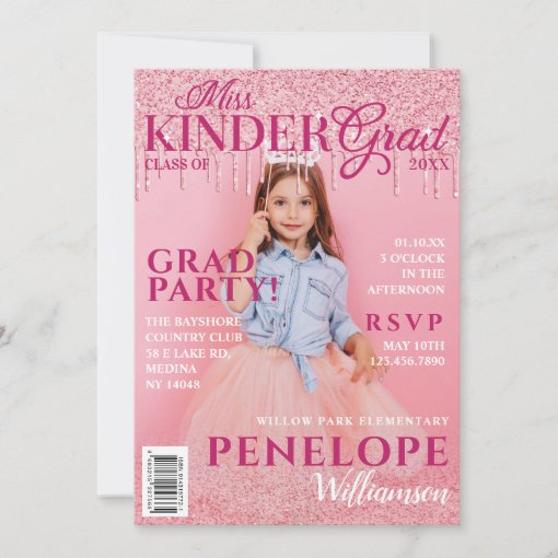 Miss Kinder Grad Pink Glitter Drip Magazine Cover Invitation | Zazzle