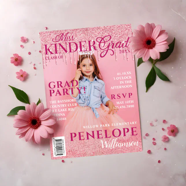 Miss Kinder Grad Pink Glitter Drip Magazine Cover Invitation | Zazzle