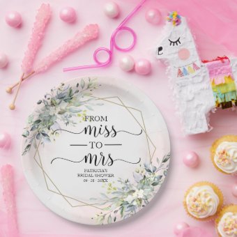Miss to Mrs Greenery Geometric Bridal Shower Paper Plates | Zazzle