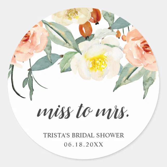 Miss to Mrs Peach Floral Bridal Shower Favor Classic Round Sticker | Zazzle