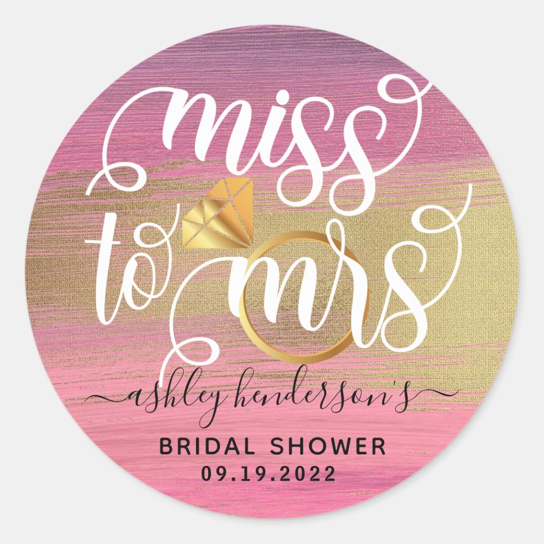 Miss To Mrs Pink And Gold Bridal Shower Classic Round Sticker | Zazzle