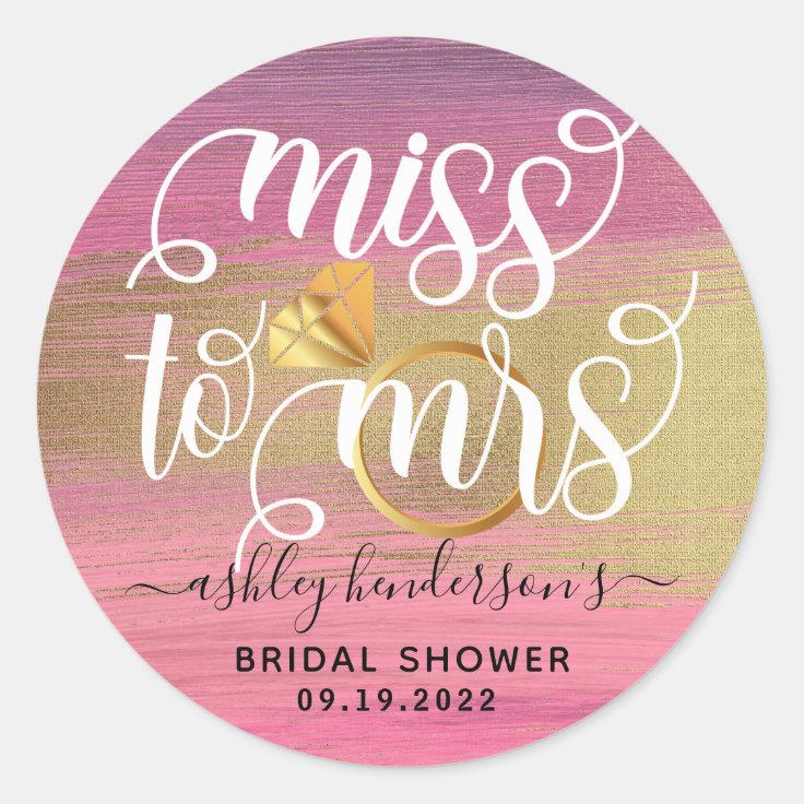 Miss To Mrs Pink And Gold Bridal Shower Classic Round Sticker | Zazzle