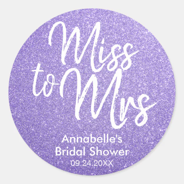 Miss to Mrs Purple Violet Glitter Bridal Shower Classic Round Sticker ...