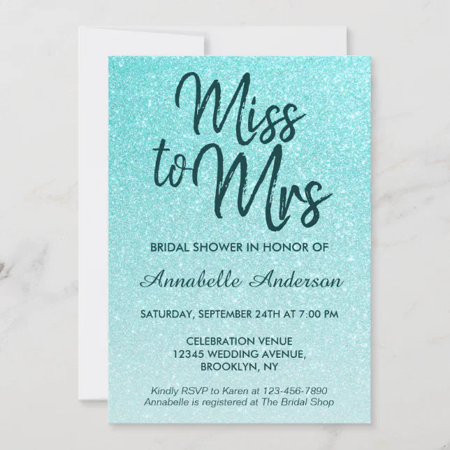 Miss to Mrs Teal Green Glitter Glam Bridal Shower Invitation | Zazzle