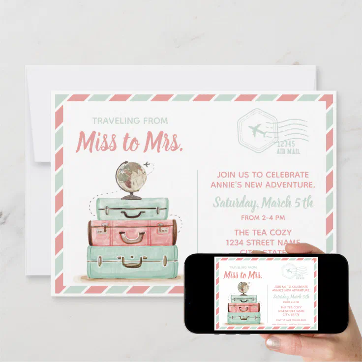 Miss to Mrs travel bridal shower coral mint Invitation | Zazzle