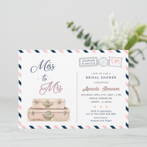 Miss To Mrs World Travel Bridal Shower Navy Pink Invitation | Zazzle