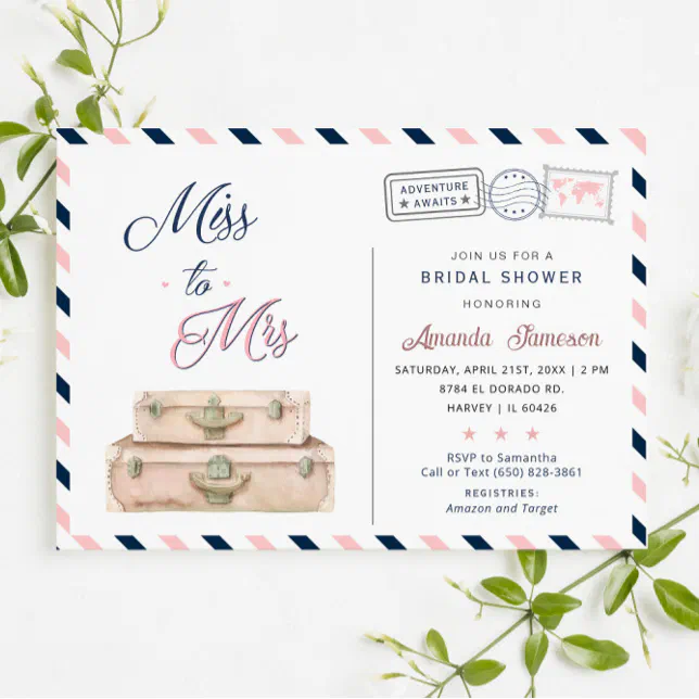 Miss To Mrs World Travel Bridal Shower Navy Pink Invitation | Zazzle