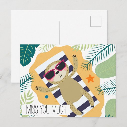 Miss You Sloth Vacation Beach Pool Postcard | Zazzle