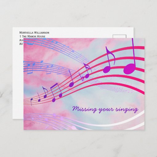 MISSING YOUR SINGING Pretty Pink Musical Staves Postcard | Zazzle