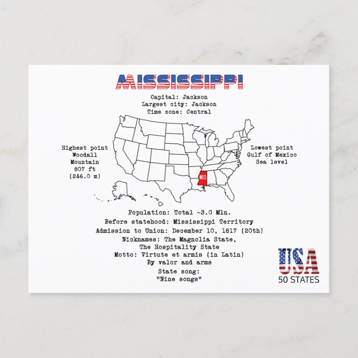 Mississippi American state on a map and details Holiday Postcard | Zazzle