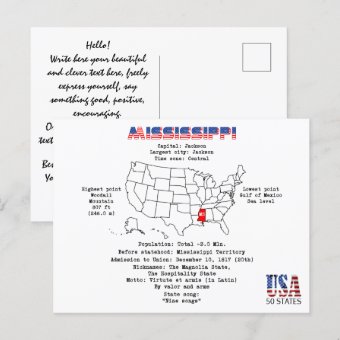 Mississippi American state on a map and details Holiday Postcard | Zazzle