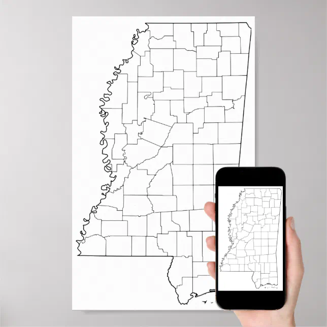 Mississippi Counties Blank Outline Map Poster | Zazzle