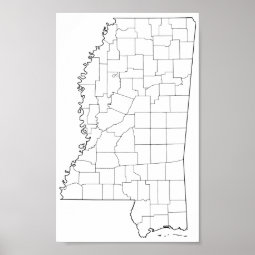 Mississippi Counties Blank Outline Map Poster | Zazzle