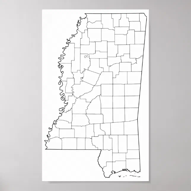 Mississippi Counties Blank Outline Map Poster | Zazzle
