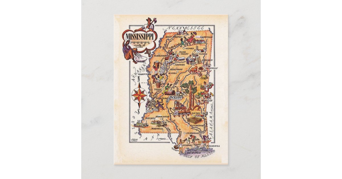 Mississippi State Map Post Card | Zazzle
