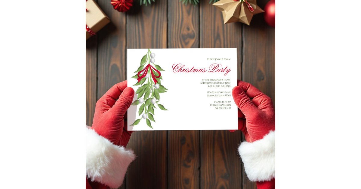 Mistletoe Greenery Christmas Party Custom Invitation | Zazzle