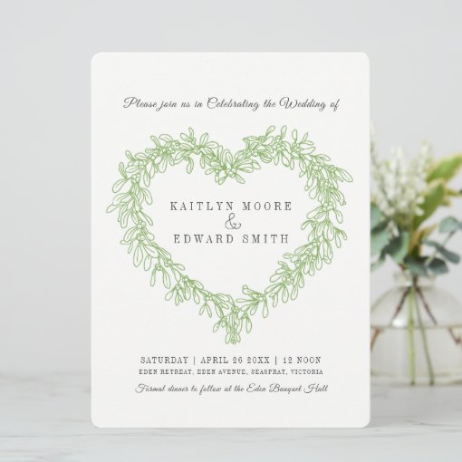 Mistletoe heart line art wedding green white invitation | Zazzle
