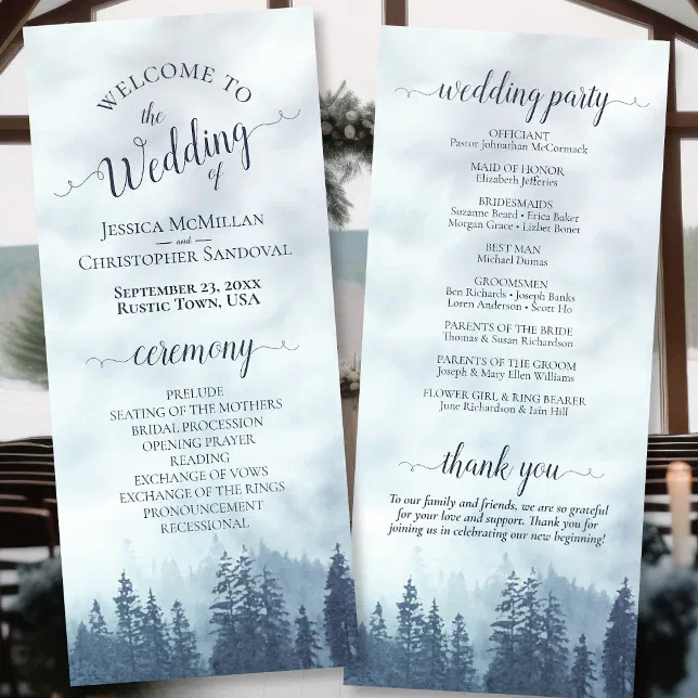 Misty Blue Mountain Pine Forest Rustic Wedding Program | Zazzle