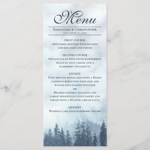 Misty Blue Pine Trees Rustic Elegance Wedding Menu | Zazzle