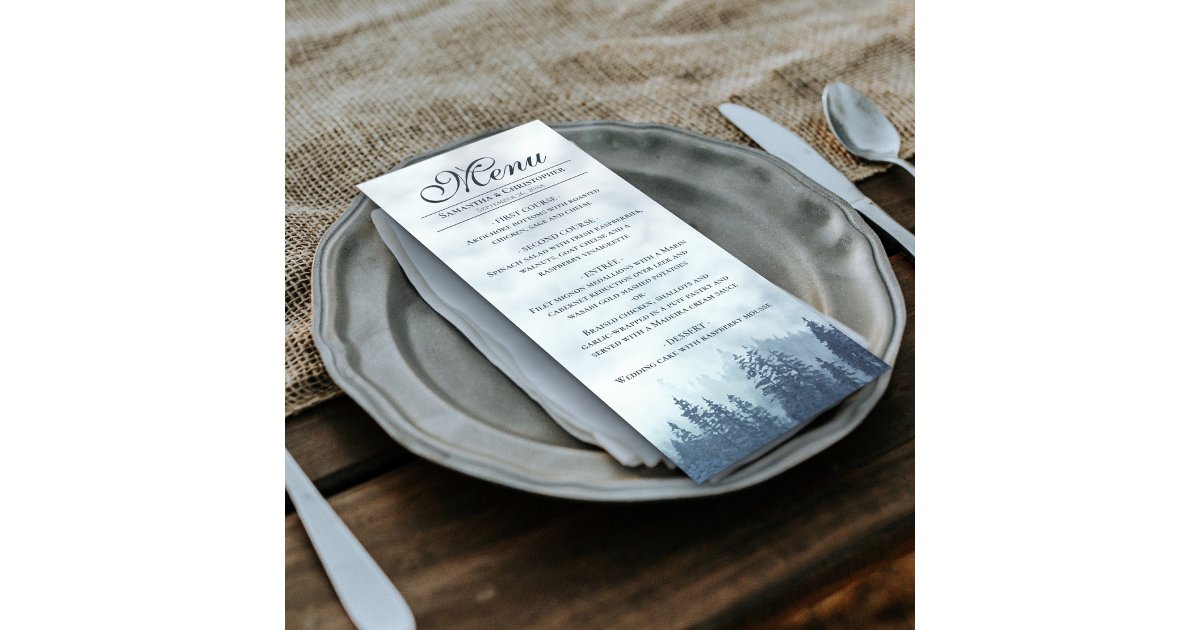 Misty Blue Pine Trees Rustic Elegance Wedding Menu | Zazzle
