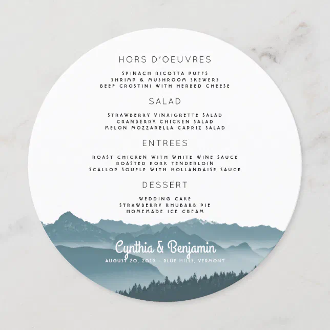 Misty Mountains Round Wedding Menu Template | Zazzle
