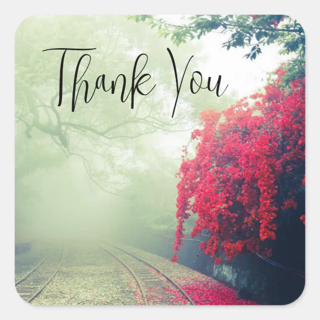 Misty Railroad Tracks Scenic Photo Thank You Square Sticker | Zazzle