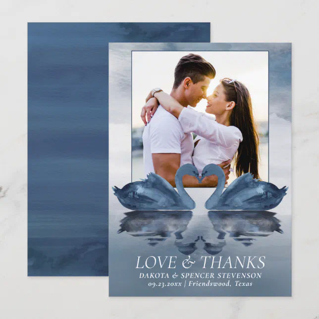 Misty Reflections | Dusty Blue Swan Wedding Photo Thank You Card | Zazzle